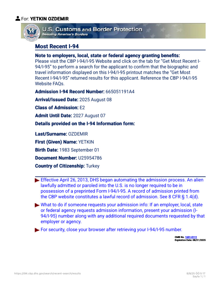 I-94 Admission Record for Yetkin Ozdemir | PDF
