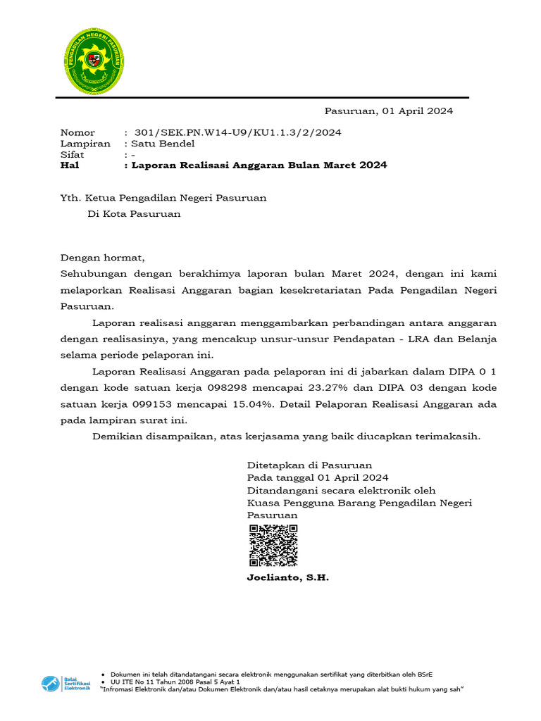 Pengantar LRA Ke Ketua Maret 2024 | PDF