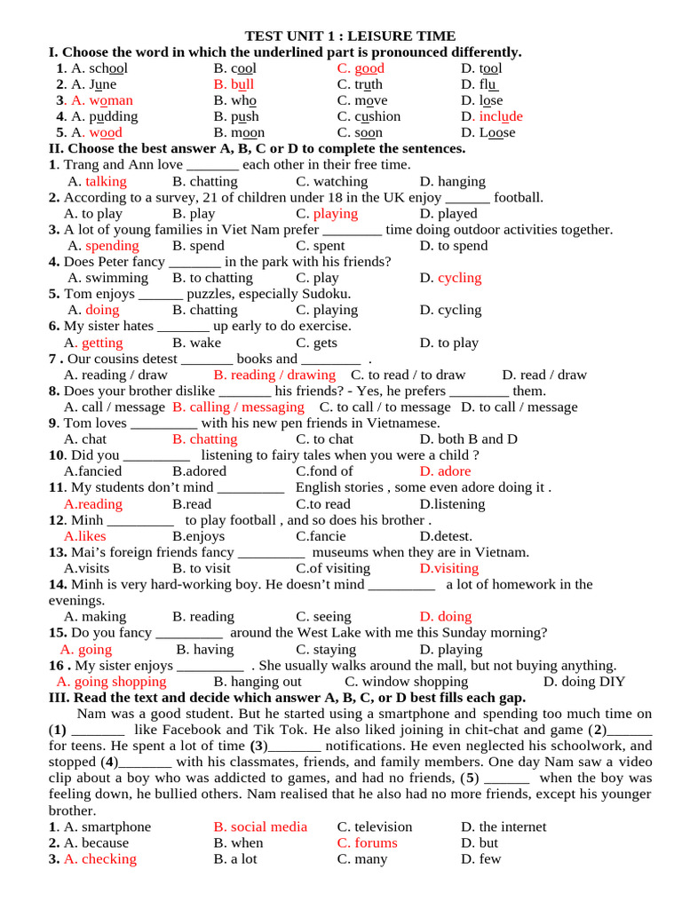 Leisure Time Test Unit 1 | PDF | Vietnam
