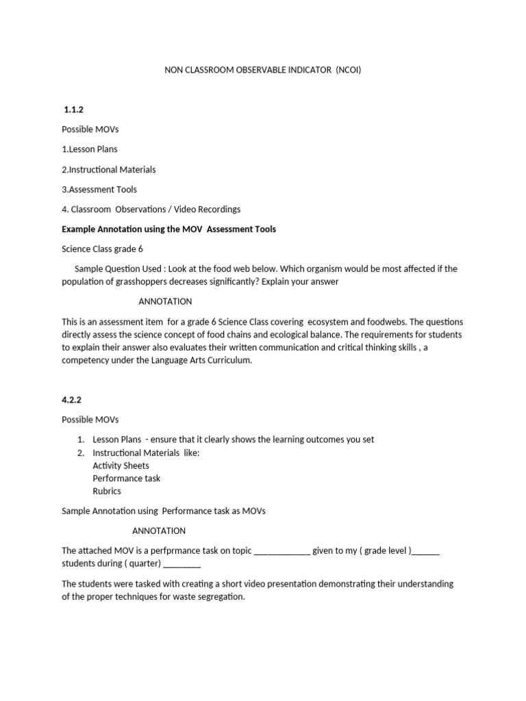 Non-Classroom Observable Indicators Guide | PDF | Learning | Lesson Plan