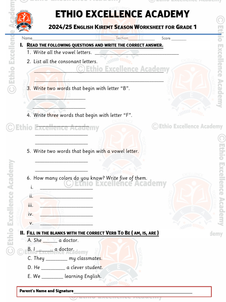 Grade 1 English Worksheet 2024/25 | PDF