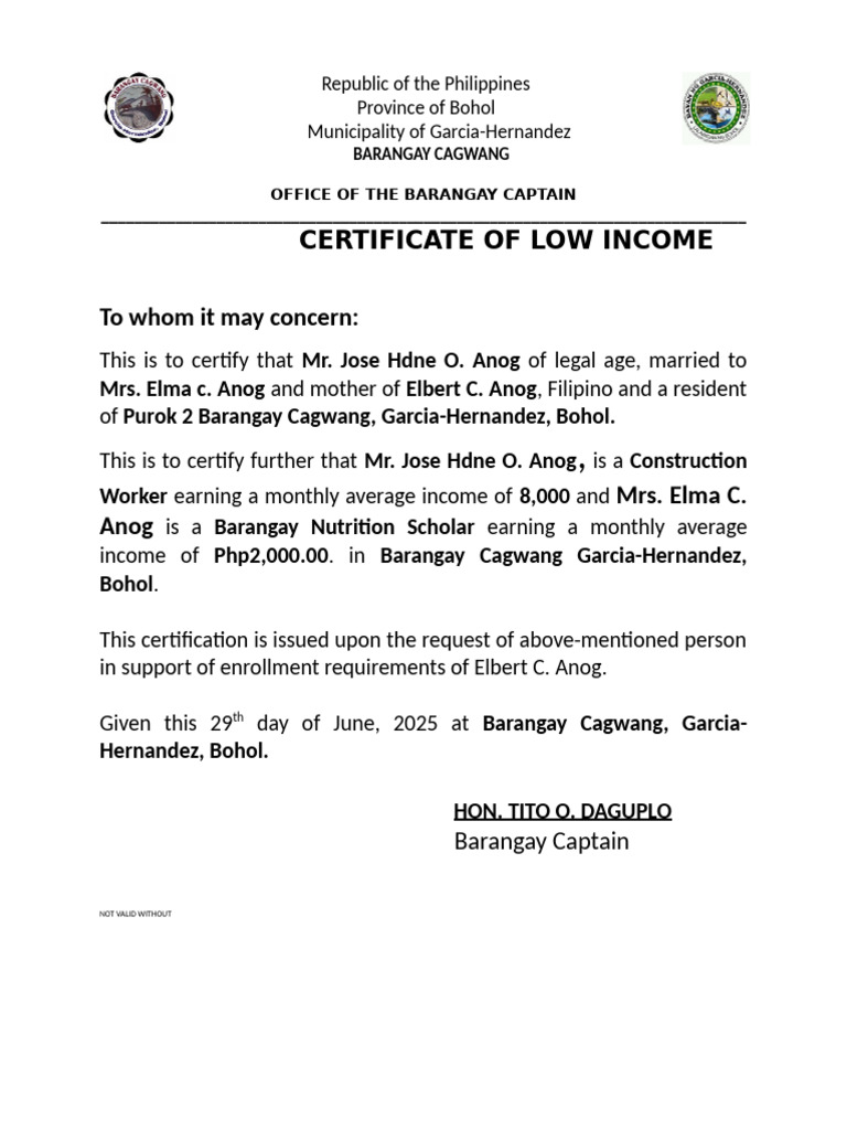 Certificate of Low Income-1 | PDF