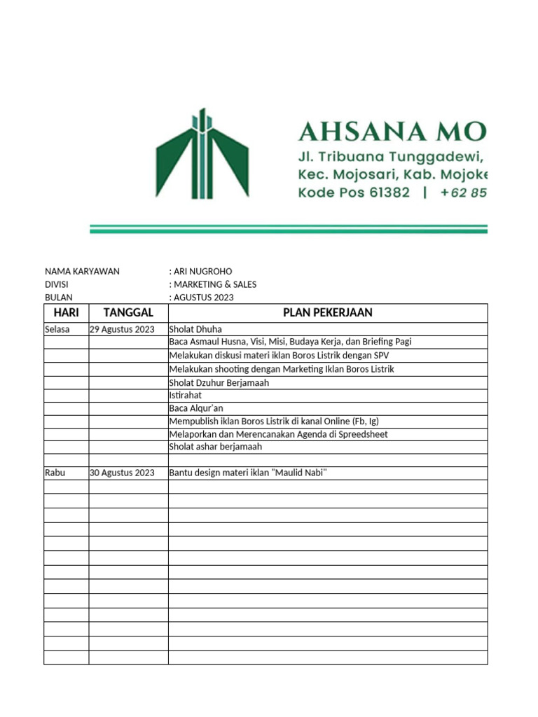 Plan Kerja APS Ari N. | PDF
