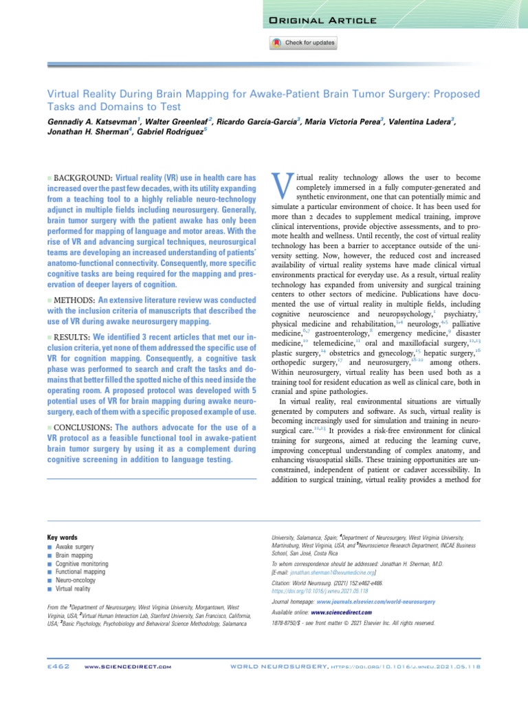 VR in Awake Brain Tumor Surgery | PDF | Neurosurgery | Surgery