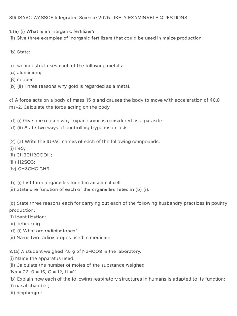 WASSCE Integrated Science 2025 Exam Questions | PDF | Chemistry ...
