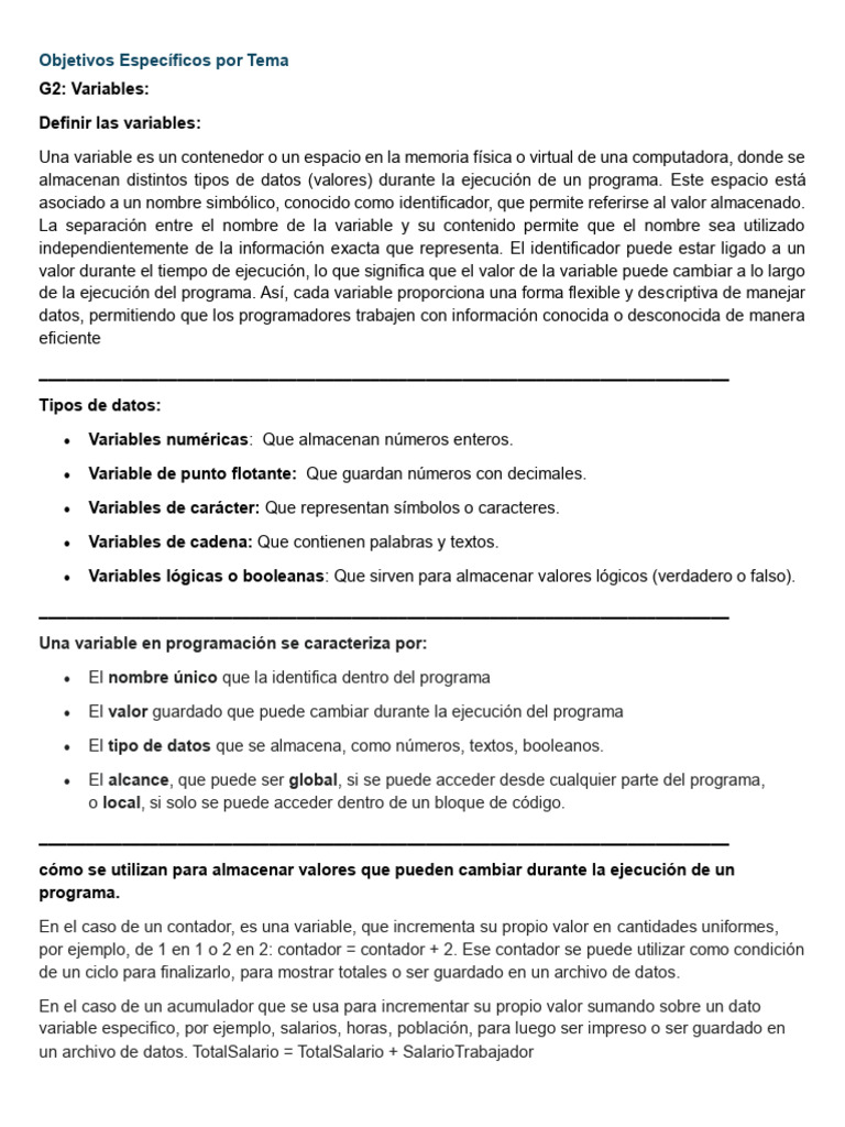 Definición y Tipos de Variables en Programación | PDF | Variable ...