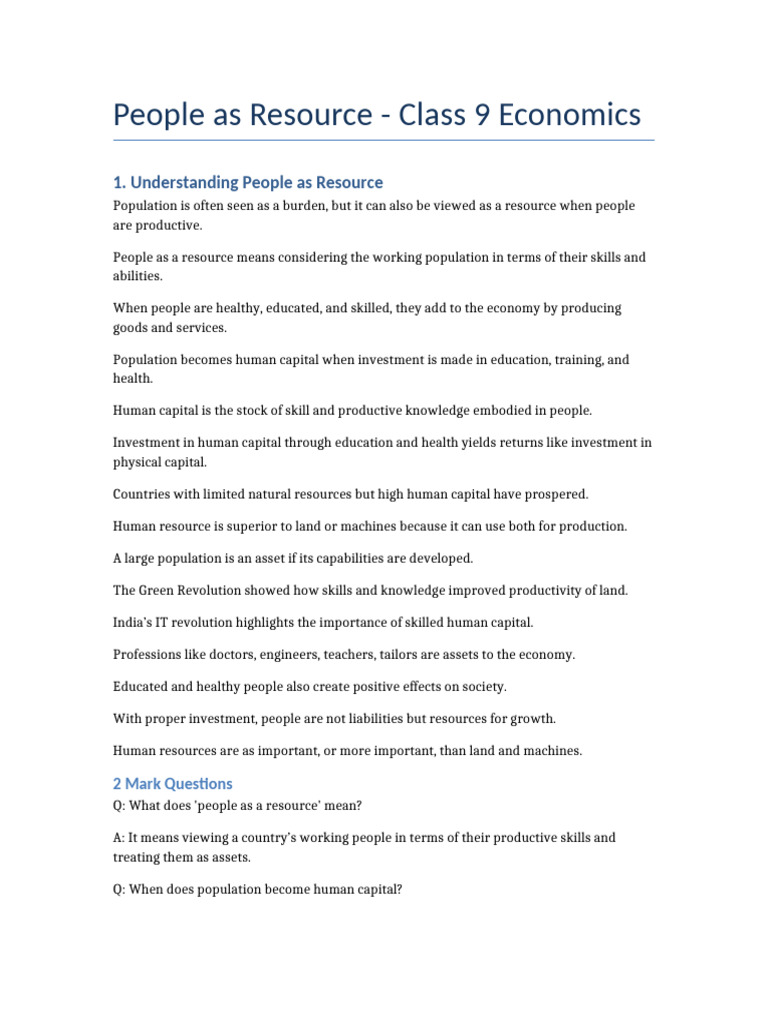 People as Resource: Class 9 Economics Insights | PDF | Unemployment ...