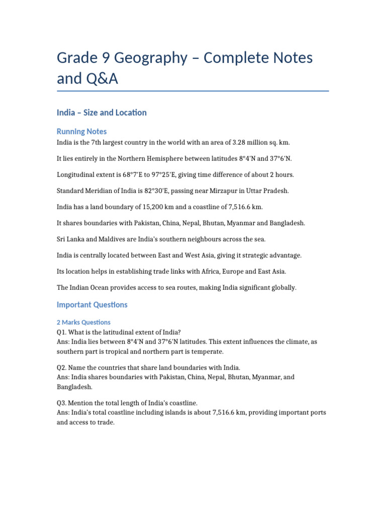 Grade9 Geography Notes QA | PDF | Asia | Indian Ocean