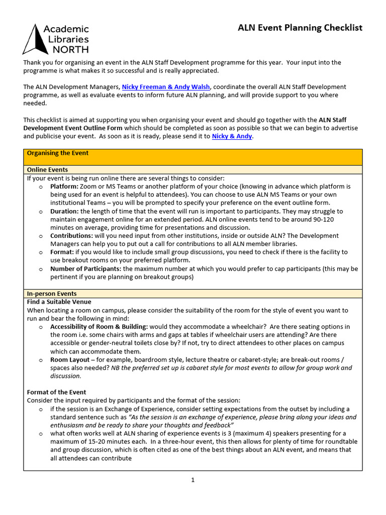 ALN Staff Development Event Planning Checklist 2023 1 | PDF