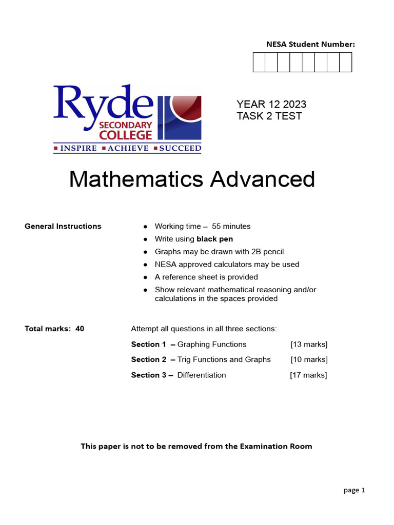 RSC Yr 12 MathAdv Task 2 2023 - No Solutions | PDF | Mathematical ...