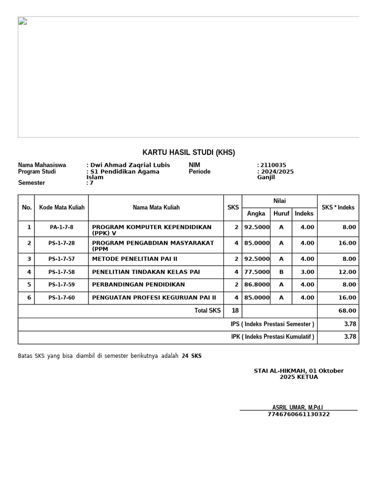 Cetak Laporan KHS Mahasiswa Semester 7 | PDF