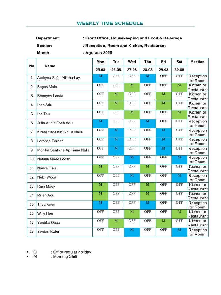 Weekly Time Schedule Rote Island Huts | PDF | Restaurants