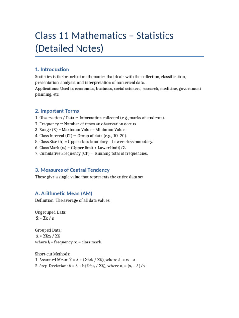 Class 11 Statistics Notes Guide | PDF | Median | Average