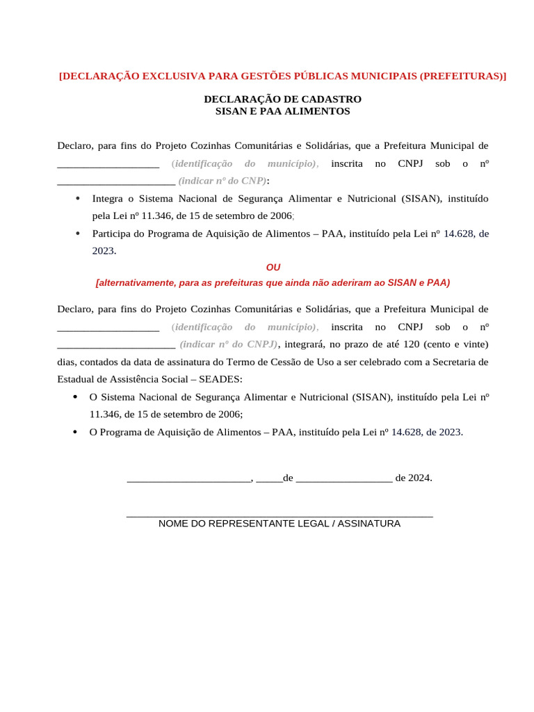 Declaração para Prefeituras sobre SISAN e PAA | PDF