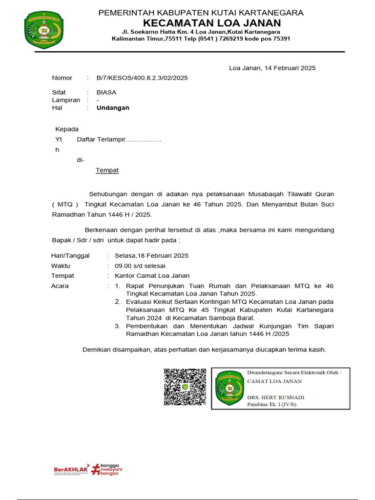 Undangan MTQ Kecamatan Loa Janan 2025 | PDF