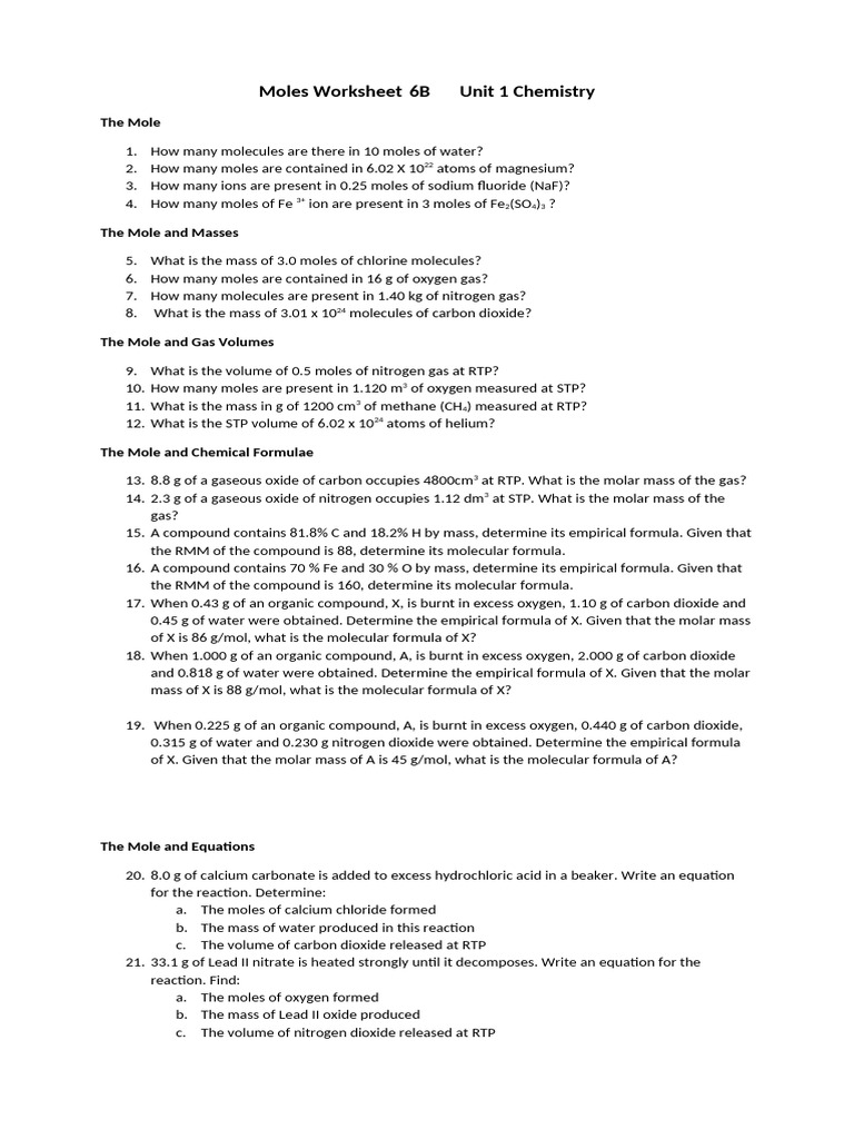 Moles Worksheet for Chemistry Practice | PDF | Oxide | Mole (Unit)