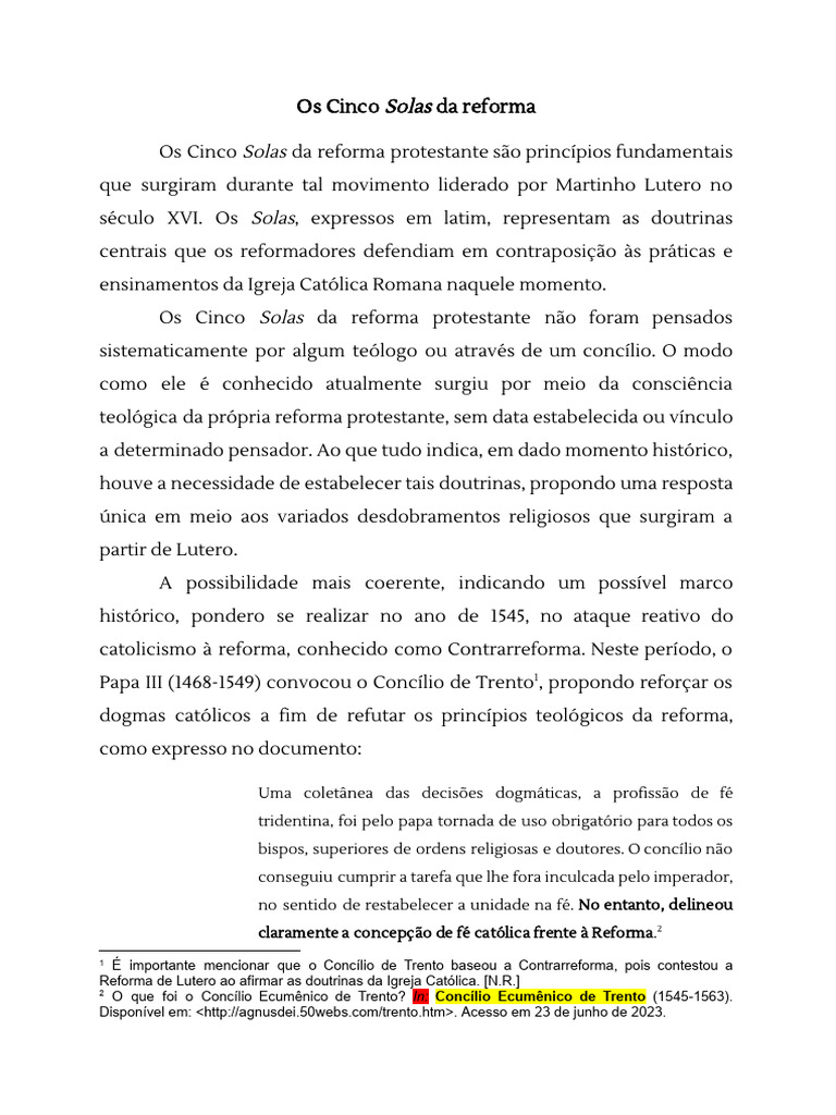 Os Cinco Solas da Reforma Protestante | PDF | Protestantismo | Bíblia
