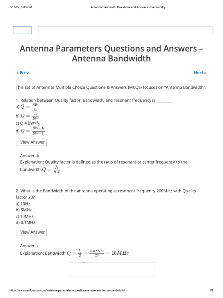 Antenna Bandwidth Questions and Answers - Sanfoundry | PDF | Antenna (Radio) | Wireless
