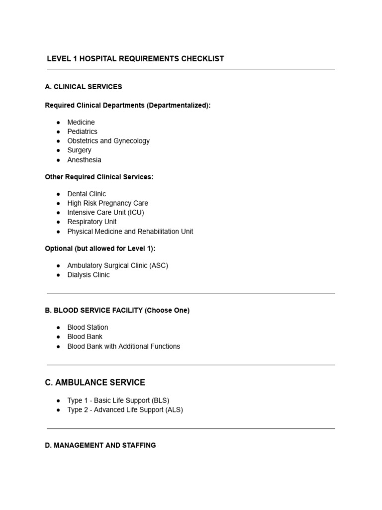 Level 1 Hospital Requirements Checklist | PDF | Surgery | Medicine
