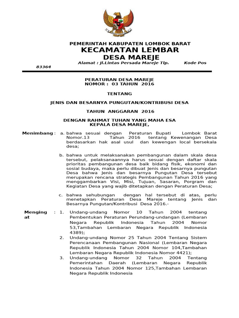 Peraturan Desa Tentang Jenis Dan Besarnya Pungutan Desa | PDF