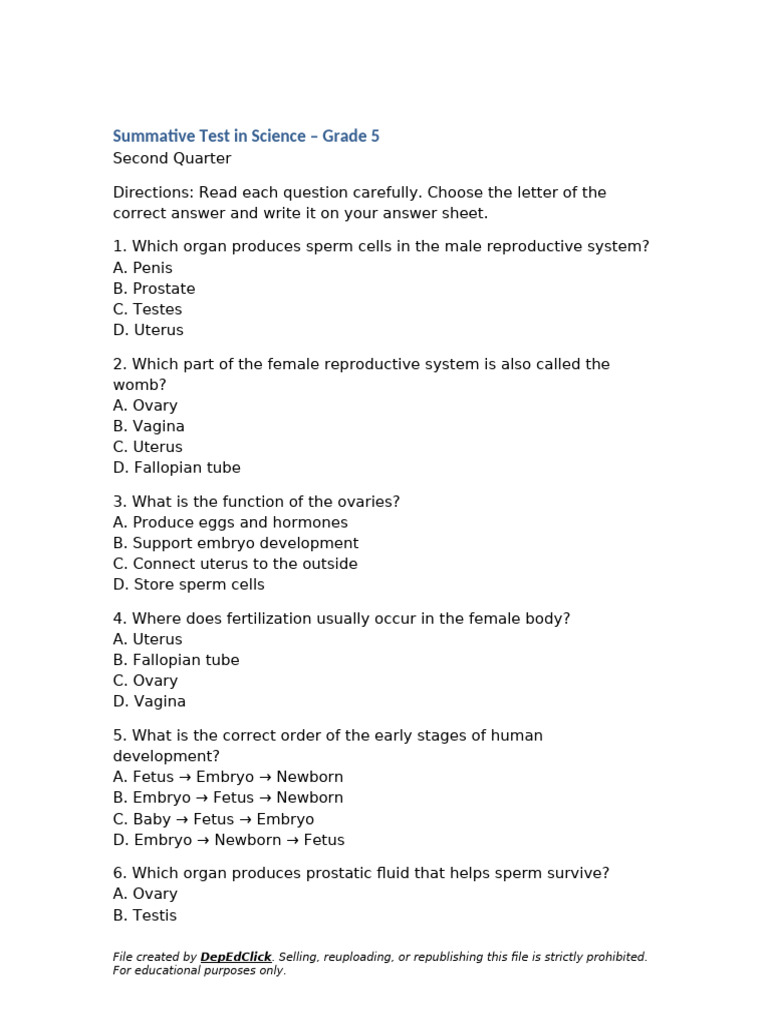 Summative Test Science5 W3-4 DepEdClick | PDF | Human Reproduction ...