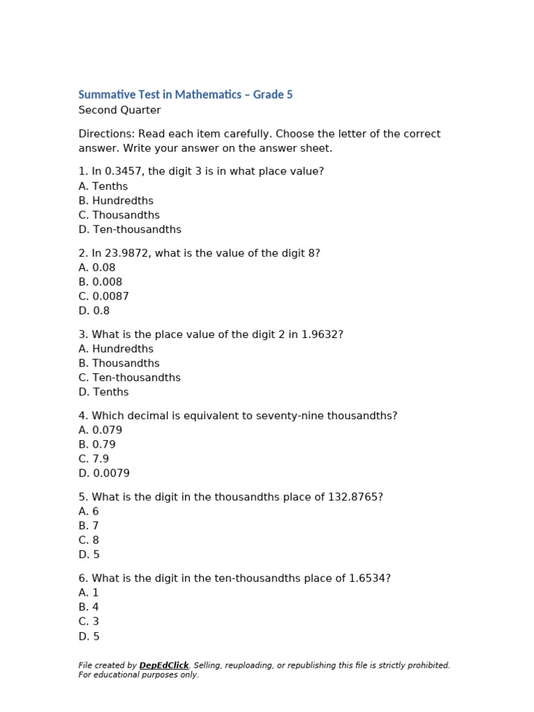 Summative Test Math5 W3-4 DepEdClick | PDF | Numbers | Chess