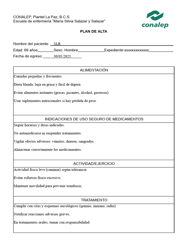 Plan de Alta para Paciente Oncológico | PDF