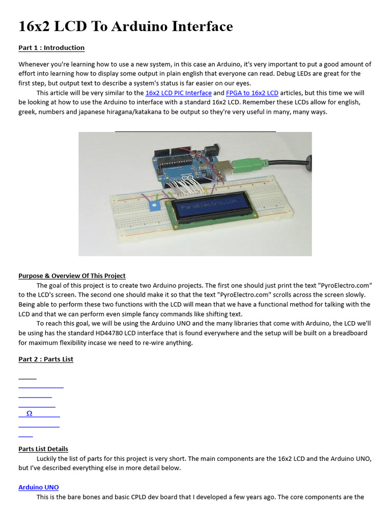 16x2 LCD To Arduino Interface | PDF | Arduino | Electronic Engineering