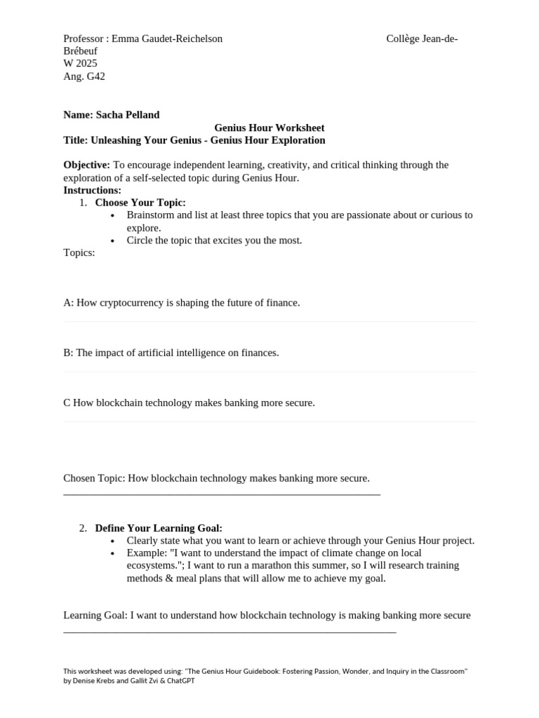 Student Version Genius Hour W 25 | PDF | Learning | Cognition