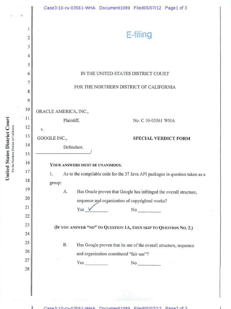 Completed Verdict Form in Oracle - Google | PDF | Law