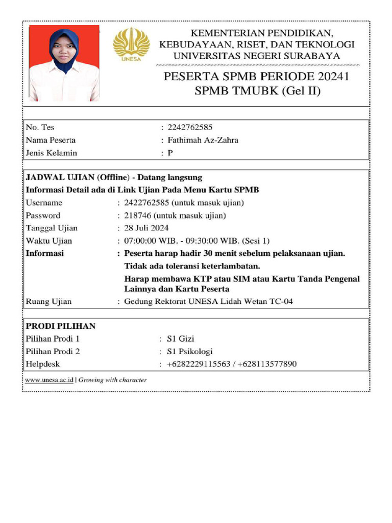 Kartu Pendaftaran SPMB | PDF