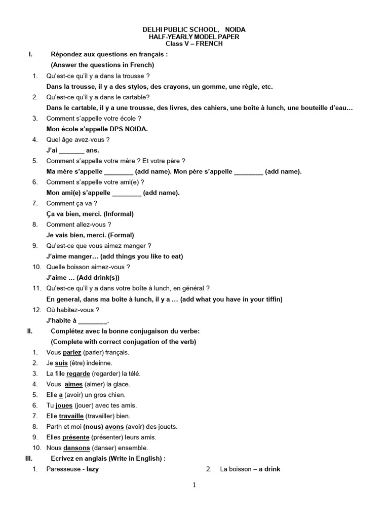 Class 5 French Model Paper - Solved (CBSE) | PDF