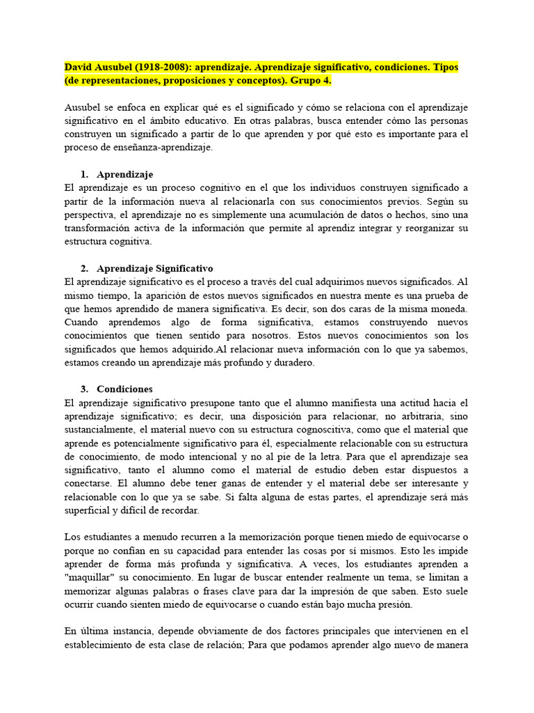 Aprendizaje Significativo según Ausubel | PDF | Aprendizaje | Memoria
