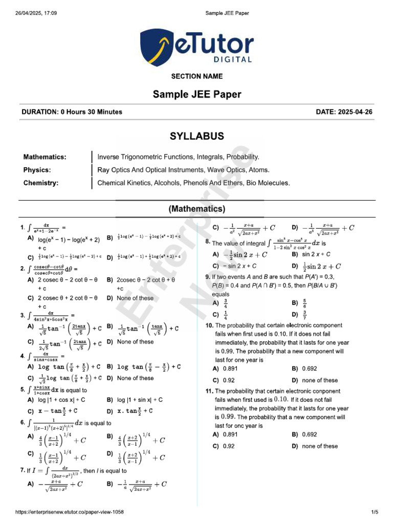 Sample Papaer Jee | PDF