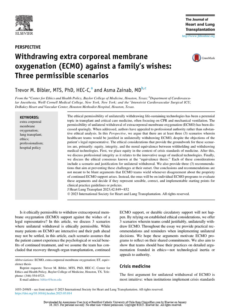 Withdrawing Extra Corporeal Membrane Oxygenation (ECMO) Against A ...