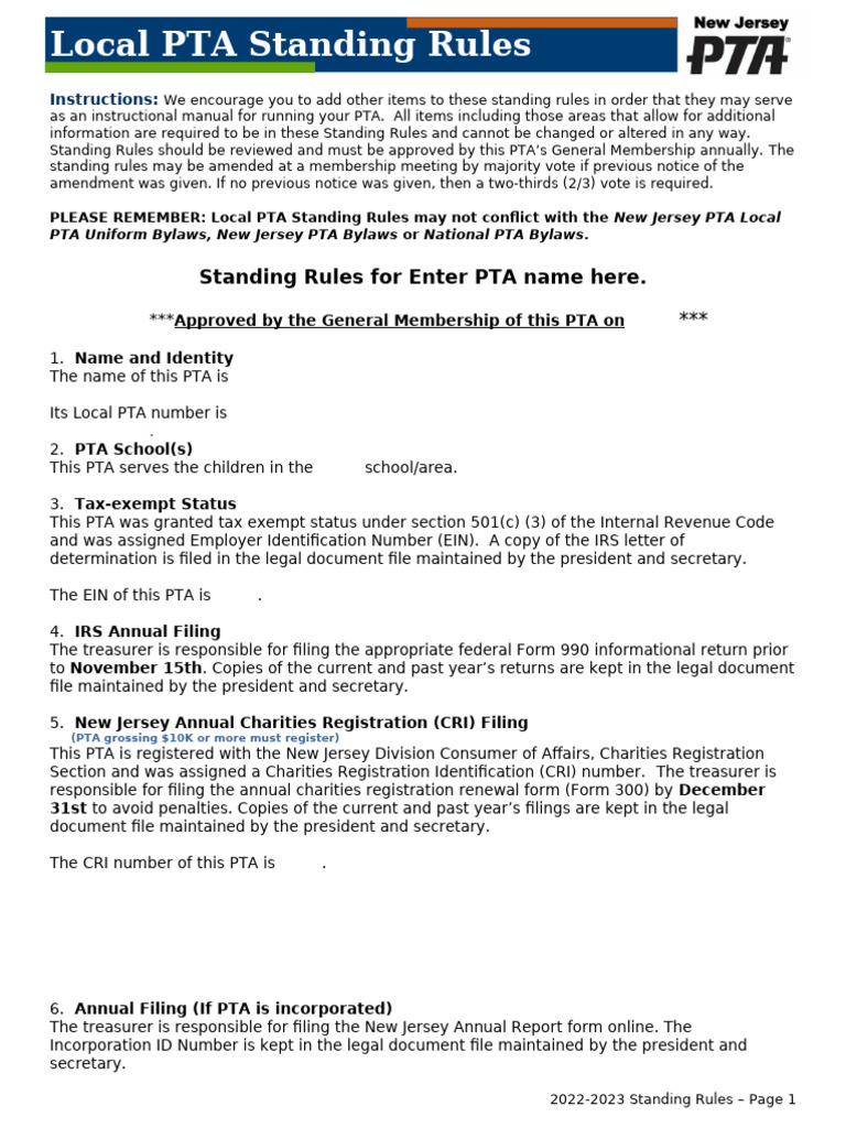NJPTA Local PTA Standing Rules Template (Official Copy) | PDF | Board Of Directors | Quorum