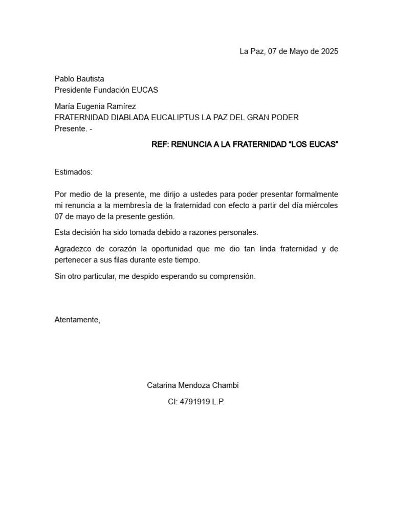 Renuncia a la Fraternidad EUCAS | PDF