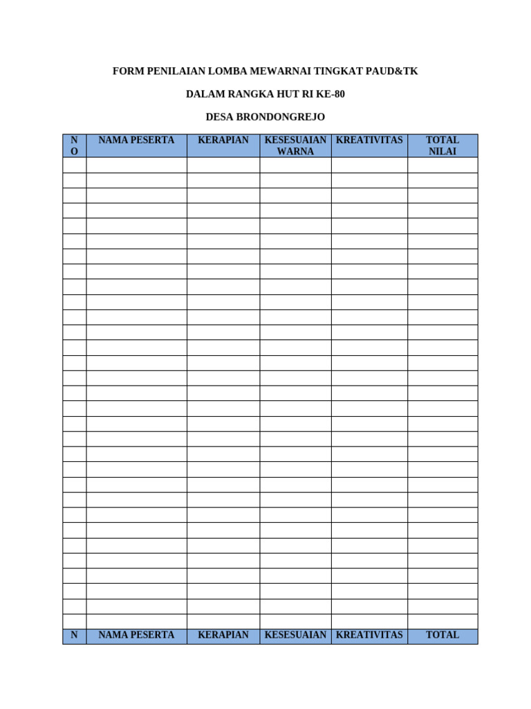 Form Penilaian Lomba Mewarnai Tingkat Paud | PDF
