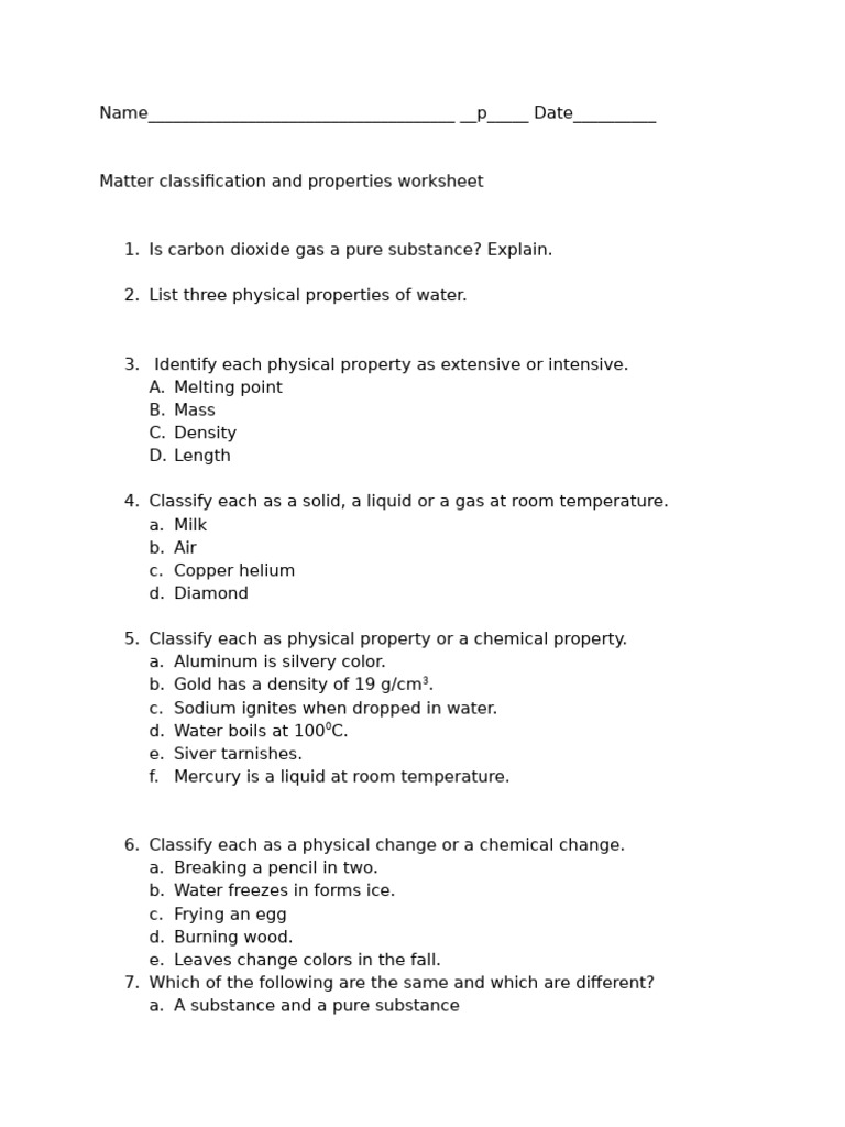 Matter and Properties Worksheet | PDF