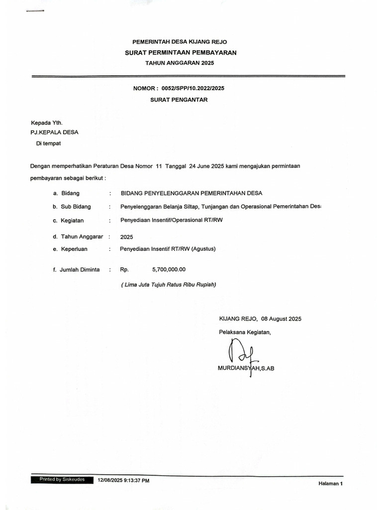 SPP Panjar Siltap Agustus | PDF