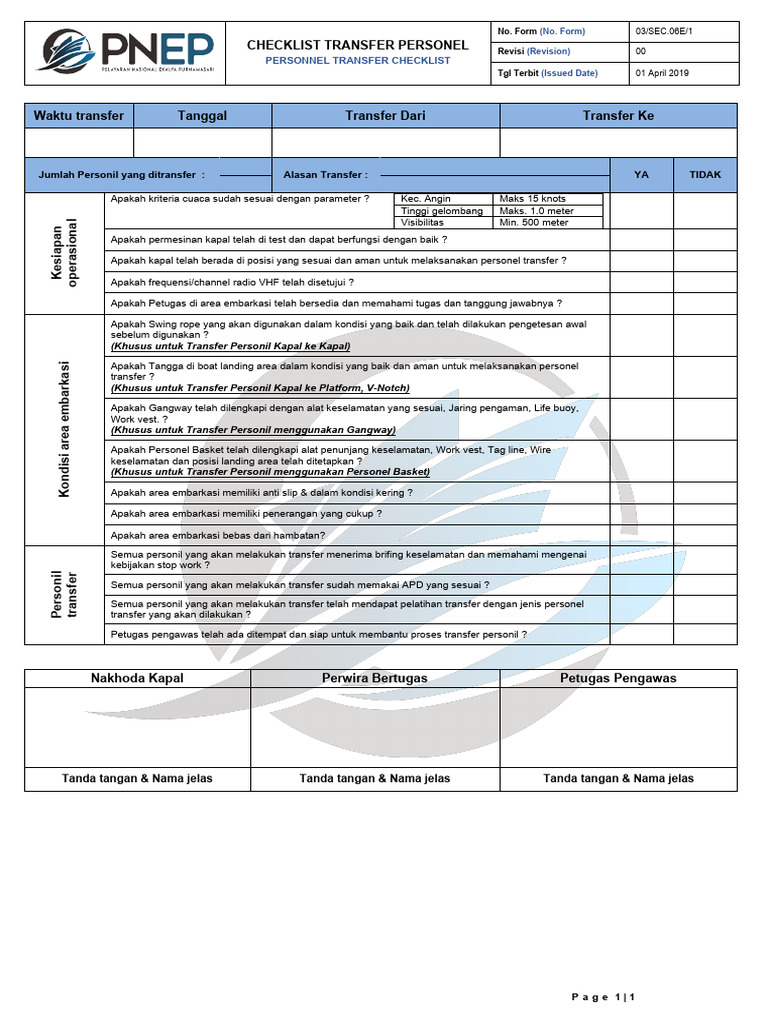 Checklist Transfer Personel Kapal | PDF