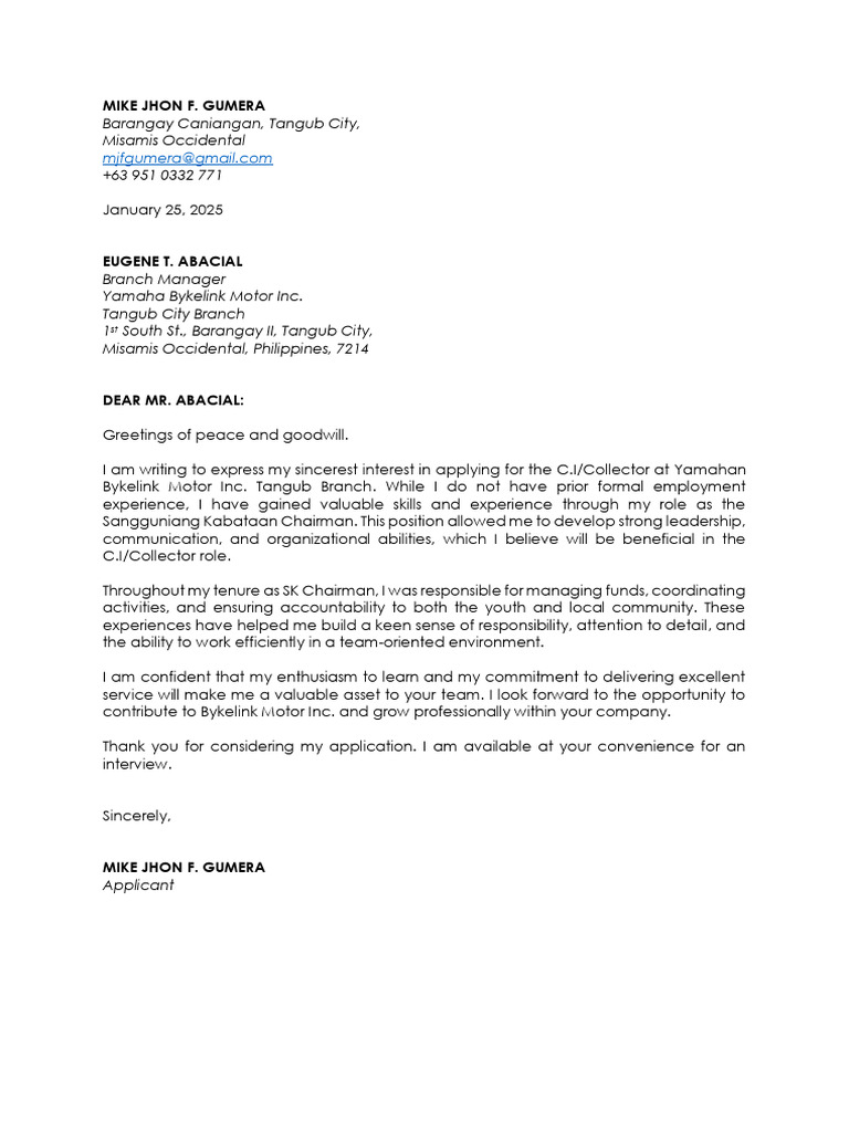 Application Letter - Gumera, Mike Jhon F. (Bykelink Motor Inc.) | PDF
