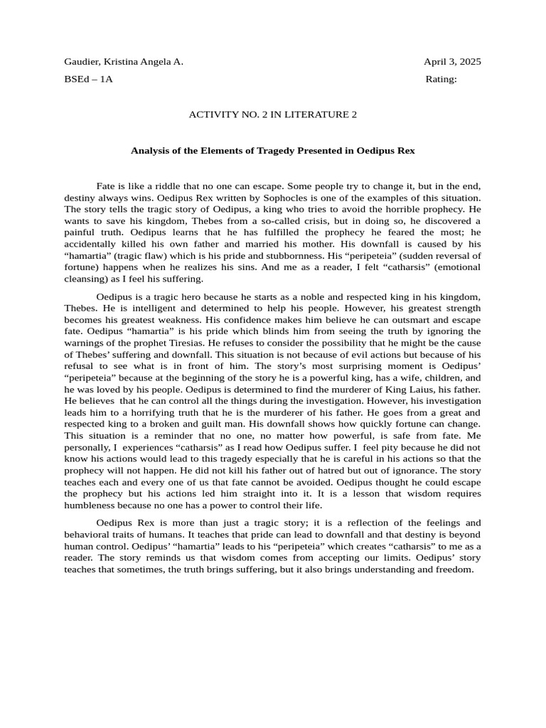LITERATURE 2 - Oedipus Rex Reflection | PDF | Oedipus