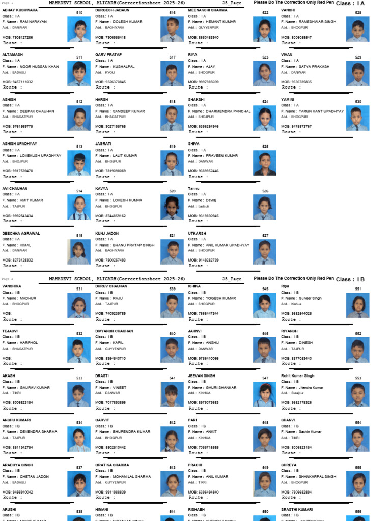 Mahadevi School Correction Sheet 2025-26 | PDF