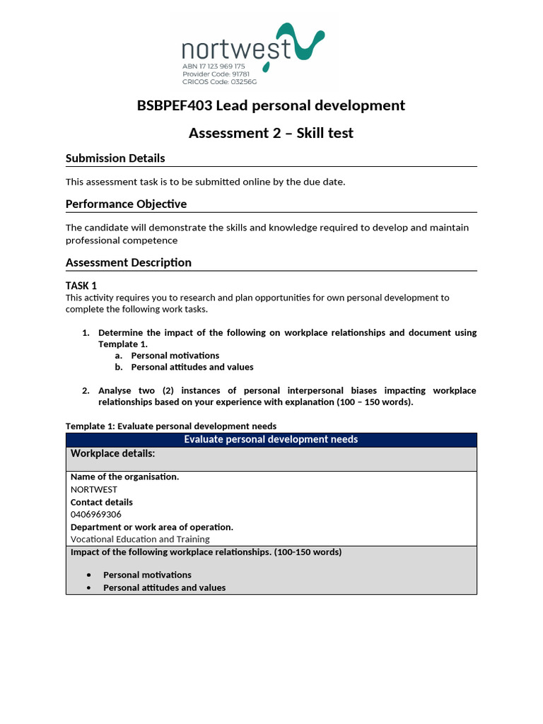 BSBPEF403 - Lead Personal Development: Assessment Task2 | PDF ...