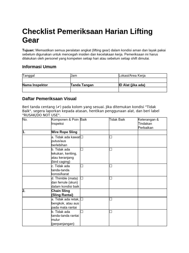 Checklist Harian Lifting Gear | PDF