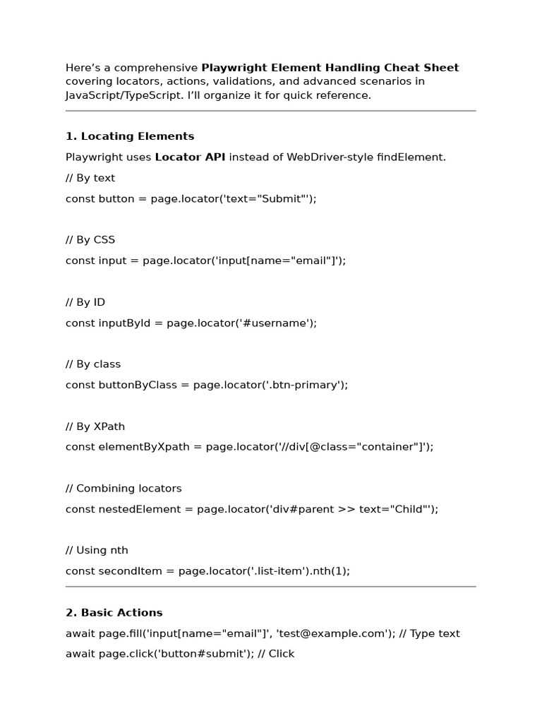 Playwright Element Handling Cheat Sheet | PDF | Html Element | Computer Programming