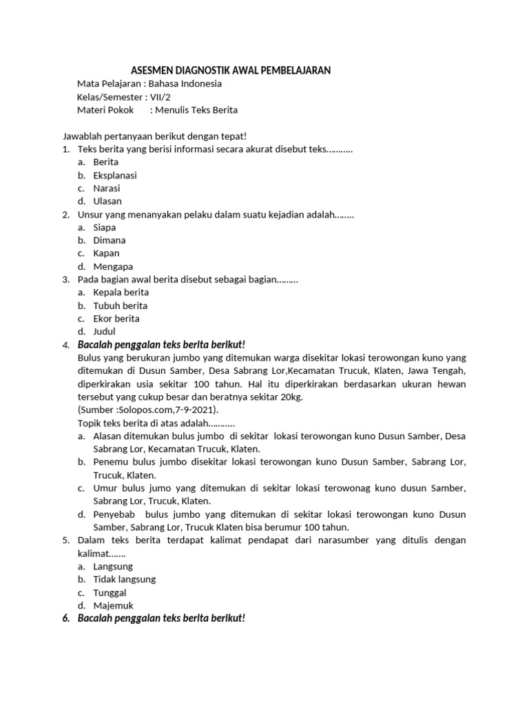 Asesmen Diagnostik Awal Pembelajaran | PDF