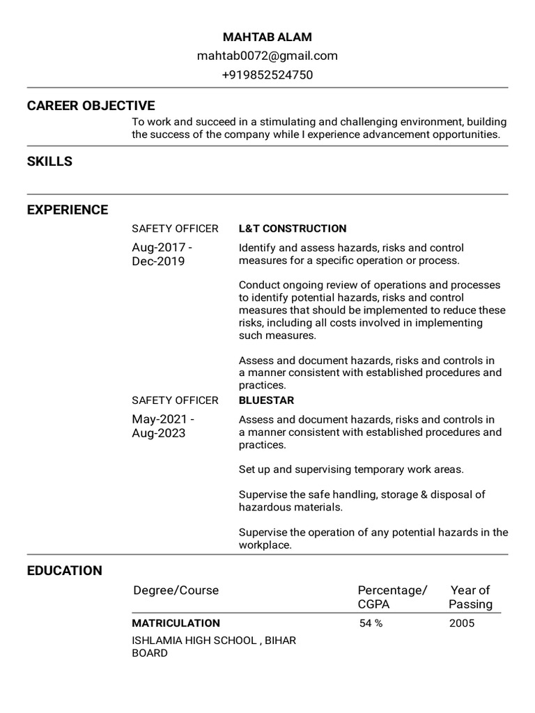 Resume Mahtab Alam Format5 | PDF | Risk | Safety