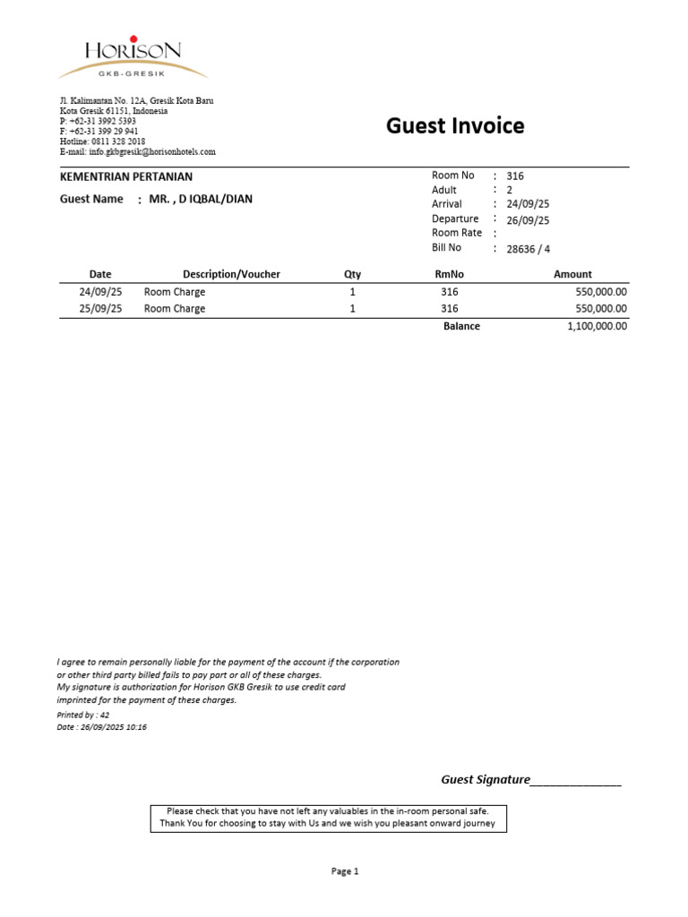 Guest Invoice for Horison GKB Gresik | PDF